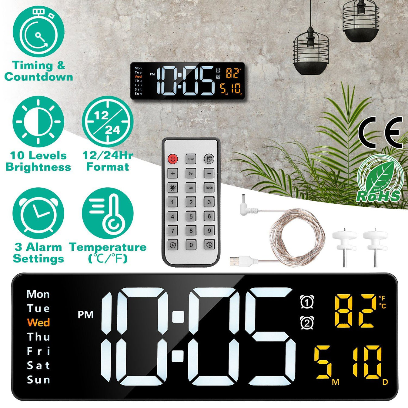 15.7in LED Digital Wall Clock with Remote Control 10 Level Brightness